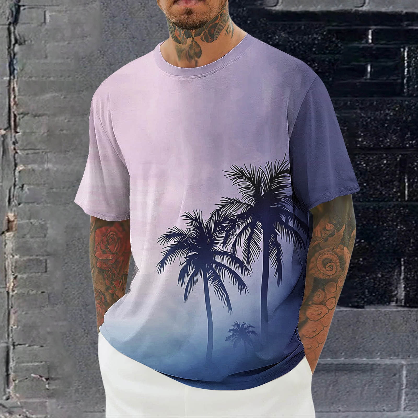 CYiJun Men's Graphic T-Shirts Casual Coconut Tree Print Crew Neck Short ...