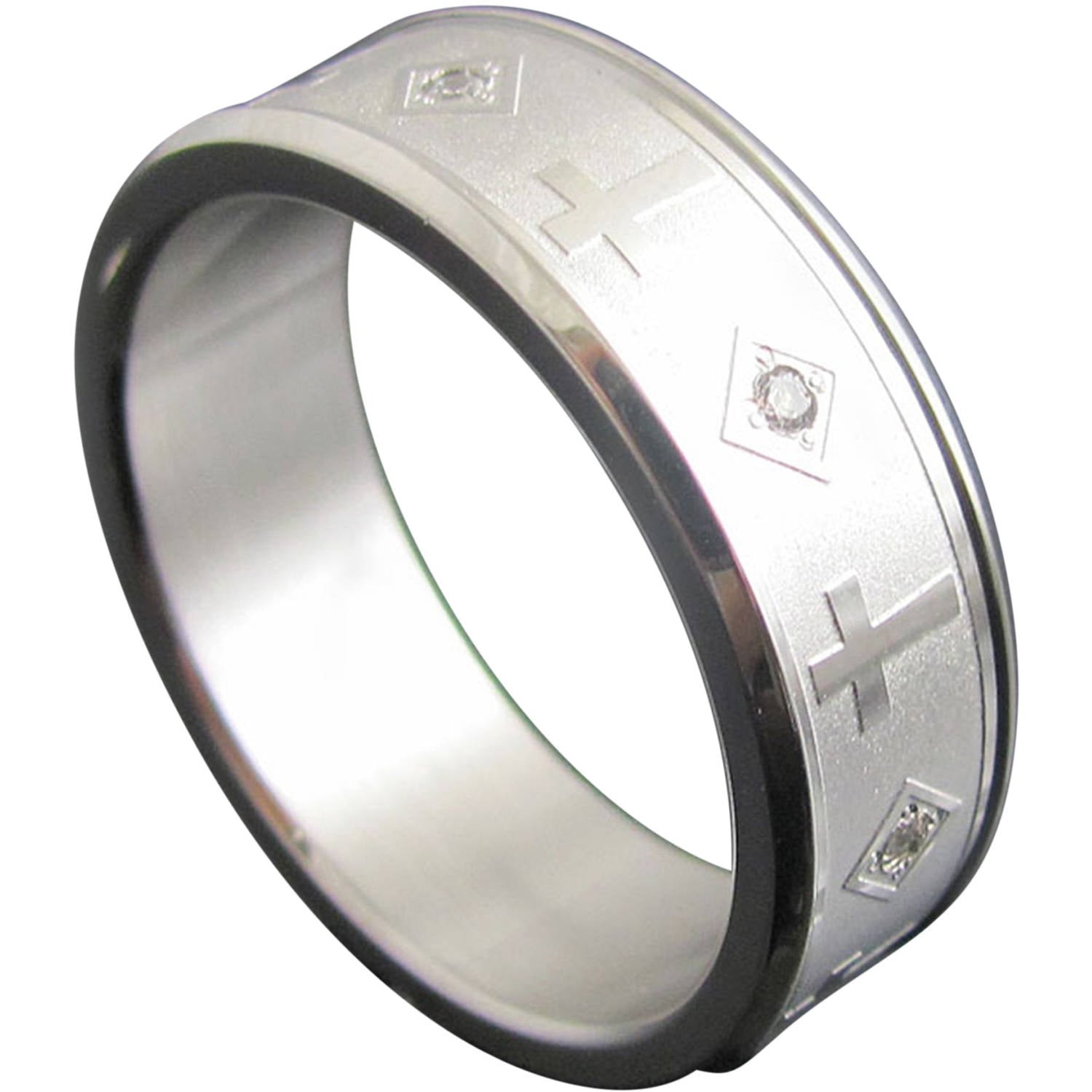 CZ Brushed and Polished Stainless Steel Cross Ring - Walmart.com