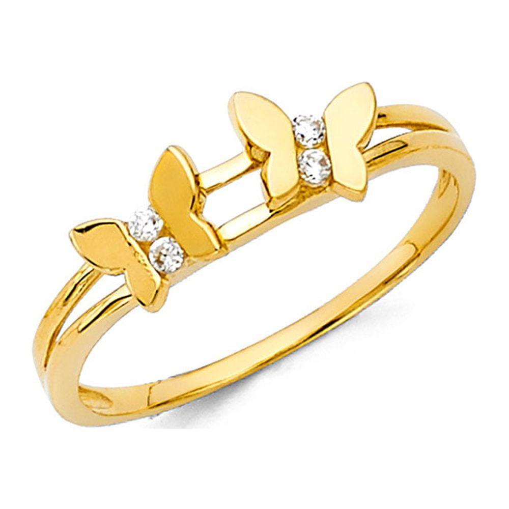CZ Butterfly Ring 14k Yellow Gold Love Band Two Butterflies Promise ...