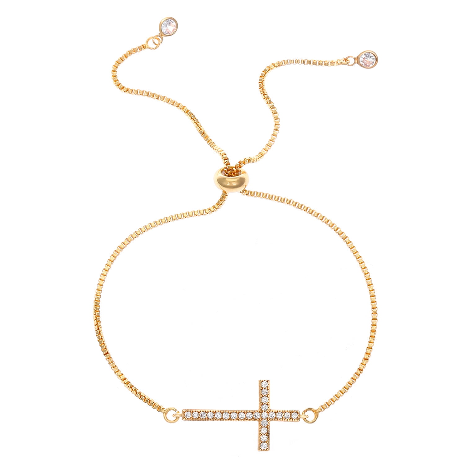 CZ Cross Adjustable Slider Bracelet, Gold & Silver Plated Box Chain ...