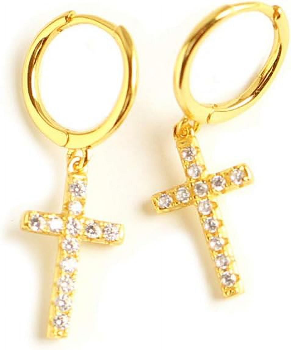 CZ Cross Charm Dangle Small Hoop Earrings Sterling Silver Clear Crystal ...