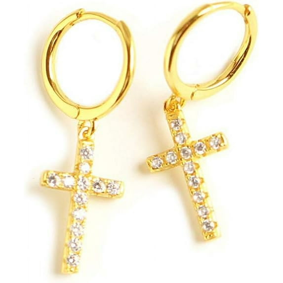 CZ Cross Charm Dangle Small Hoop Earrings Sterling Silver Clear Crystal ...