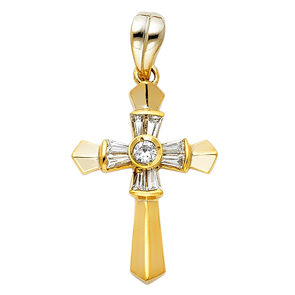 CZ Cross Pendant Solid 14k Yellow Gold Charm Religious Budded Style ...
