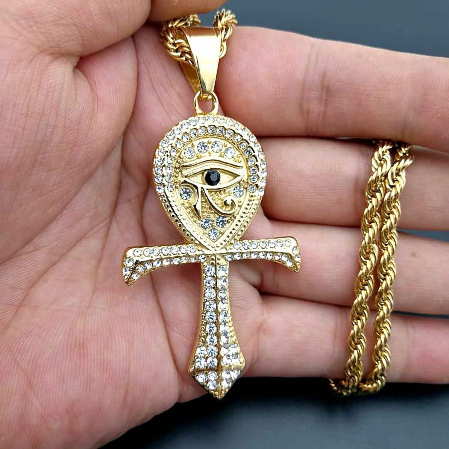 CZ Eye of Horus Pendant Necklace for Men 14K Yellow Gold Ancient Egypt ...