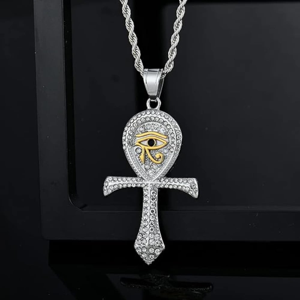 CZ Eye of Horus Pendant Necklace for Men Ancient Egypt Ankh Cross 14K ...