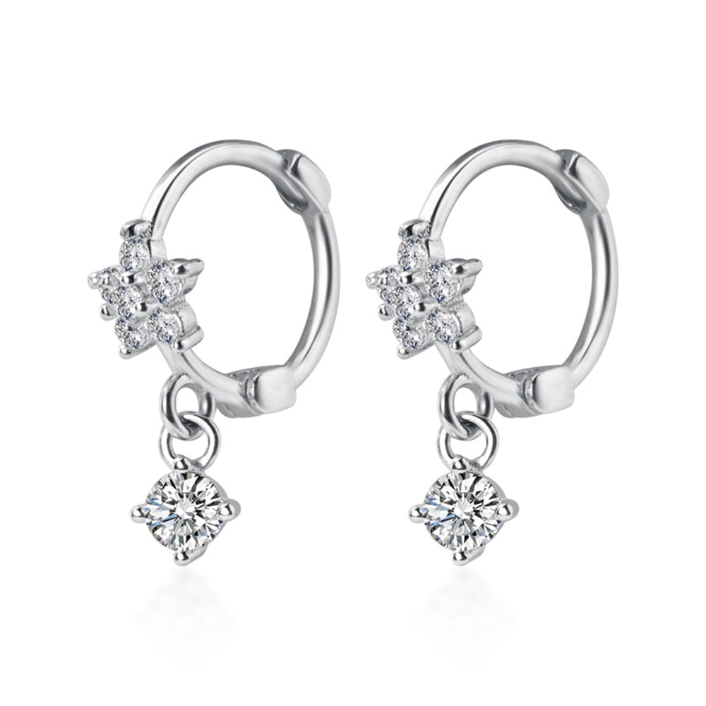 CZ Flower Dangle Drop Small Hoop Earrings Sterling Silver Cartilage ...