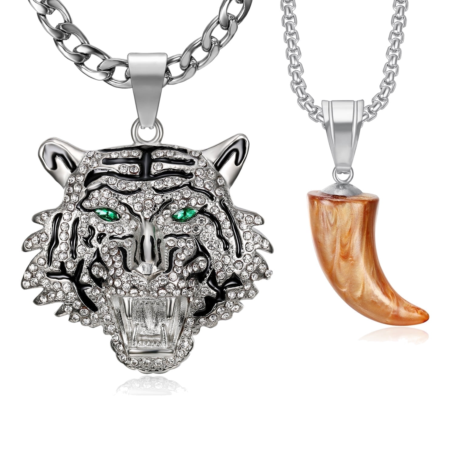 NEGS Tiger Head Tooth Pendants Rock Layered Stainless Steel Necklace, 2 ...