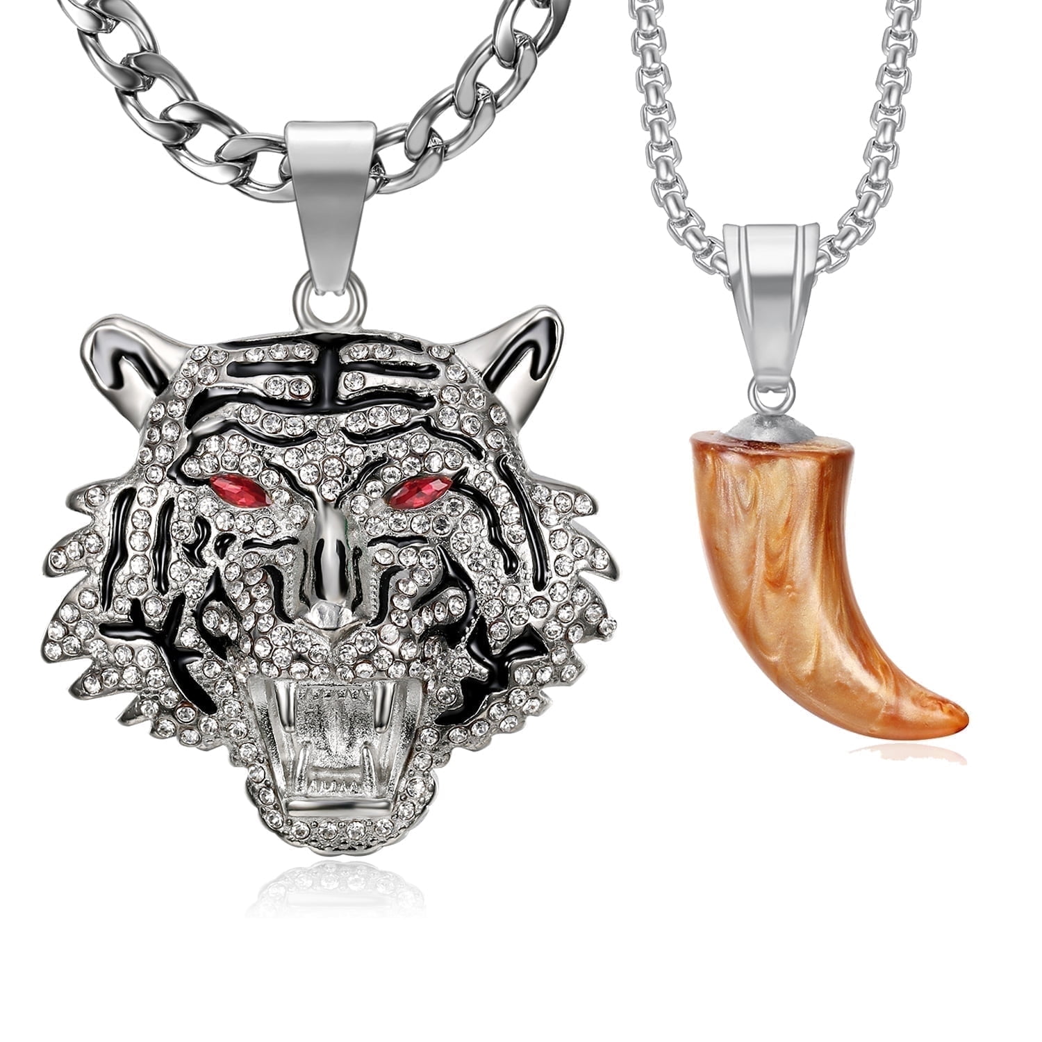 NEGS Tiger Head Tooth Pendants Rock Layered Stainless Steel Necklace, 2 ...