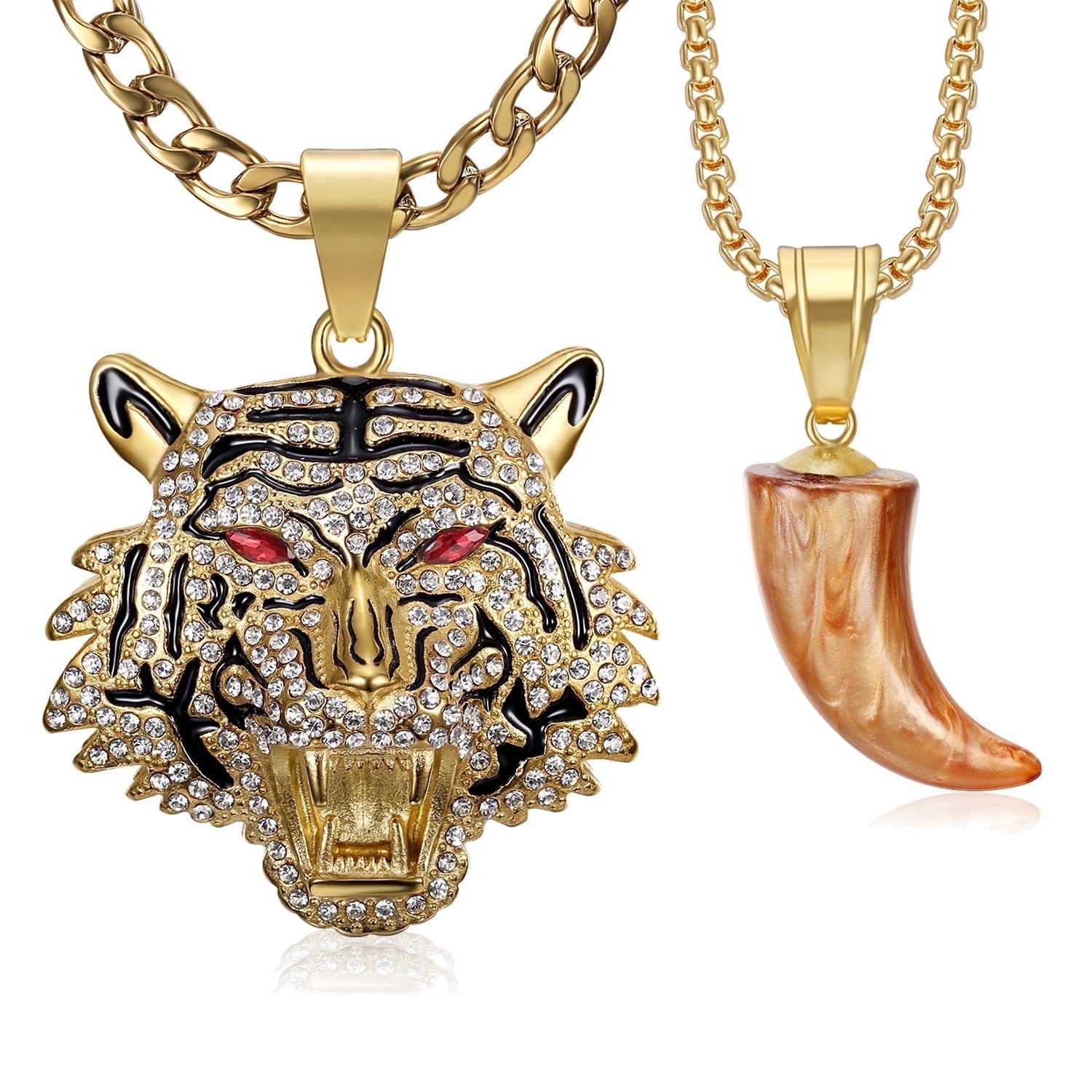 NEGS 18K Gold Plated Tiger Head Tooth Pendants Rock Layered Stainless ...