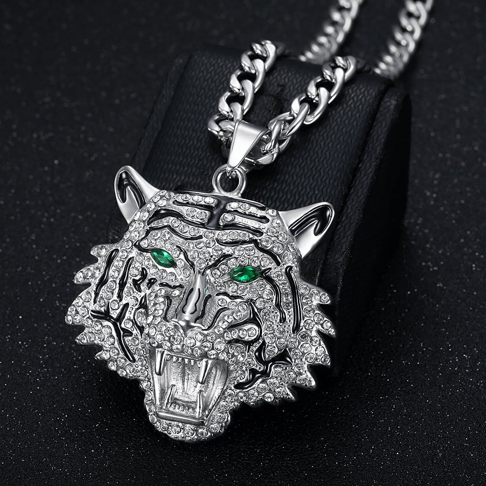 CZ Fully Roaring Tiger Head With Green Eyes Pendant Punk Rock 14K ...