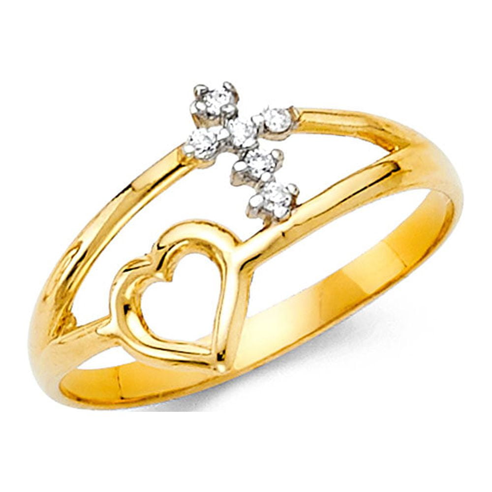 CZ Heart Cross Ring Solid 14k Yellow Gold Band Religious Love Stylish ...