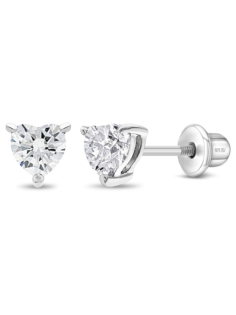 CZ Heart Solitaire Simulated Diamond Earrings Screw Back - Sterling ...