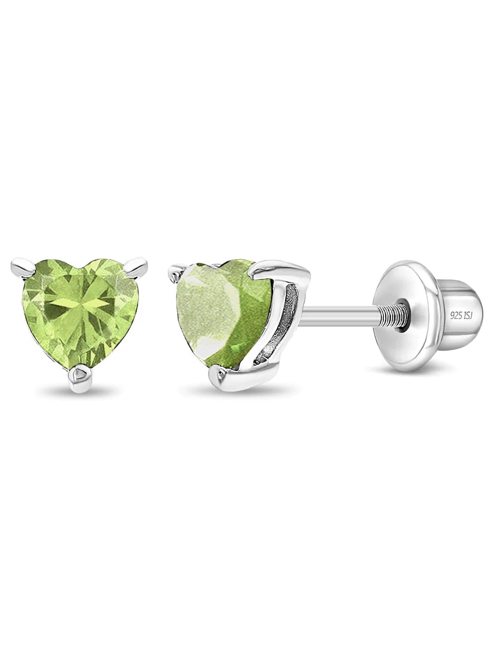 CZ Heart Solitaire Simulated Peridot Earrings Screw Back - Sterling ...