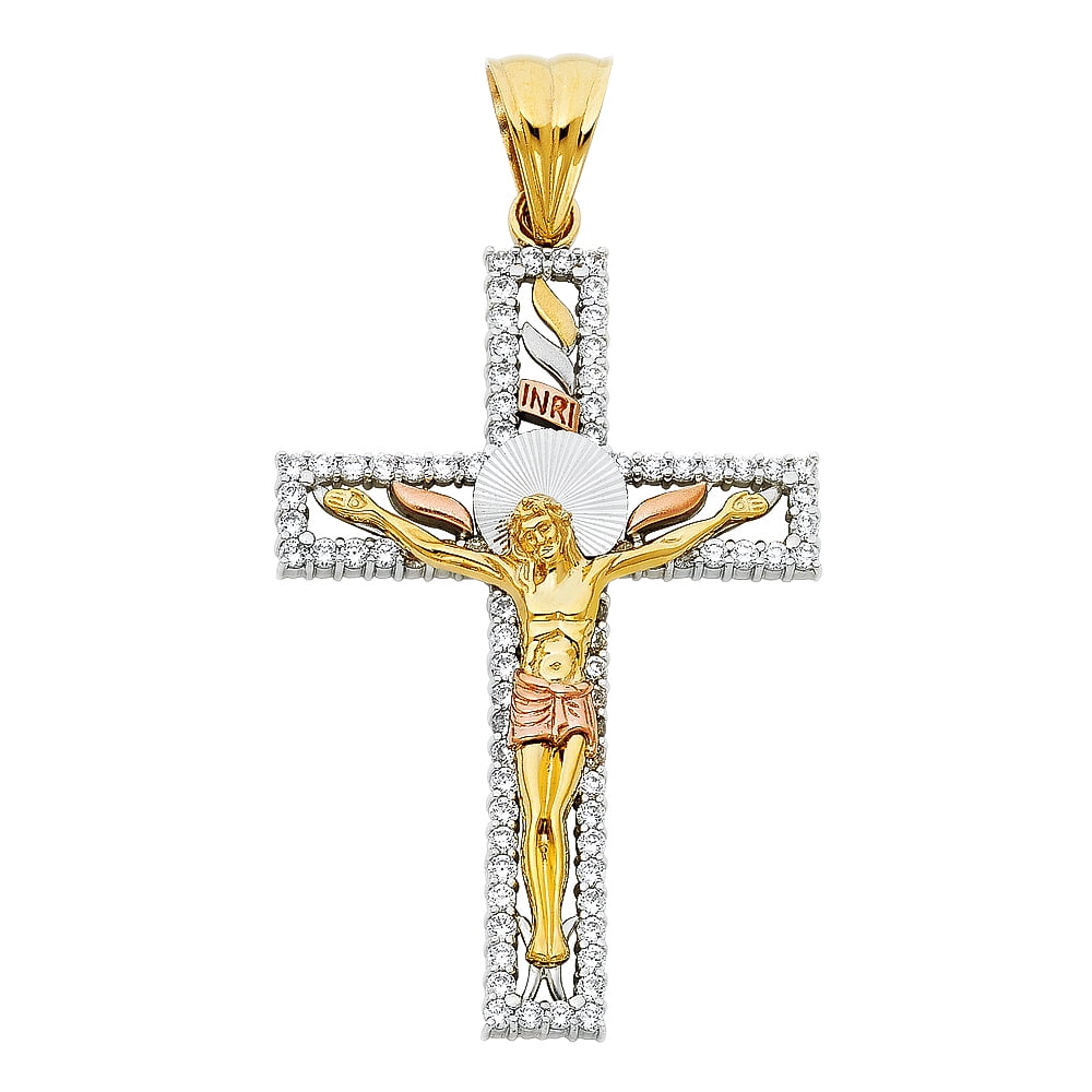 CZ INRI Crucifix Pendant Solid 14k Yellow White Rose Gold Cross Jesus ...