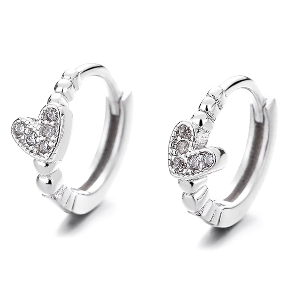 CZ Love Heart Small Hoop Earrings 925 Sterling Silver Cartilage Huggie ...