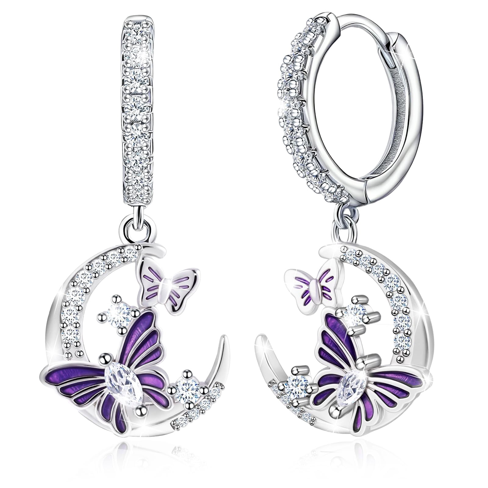 CZ Moon and Butterfly Earrings for Women S925 Sterling Silver Enamel ...