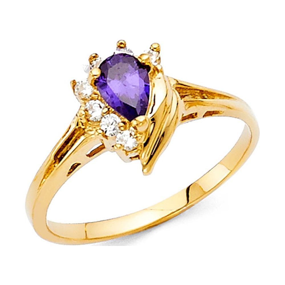 CZ Pear Ring Halo Solid 14k Yellow Gold Purple CZ Band Teardrop ...
