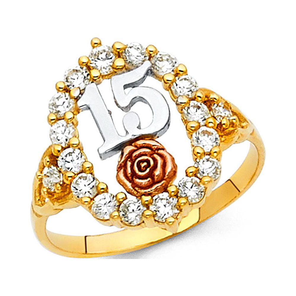 CZ Quinceanera 15 Ring Rose Solid 14k Yellow Rose Gold Quince Band ...