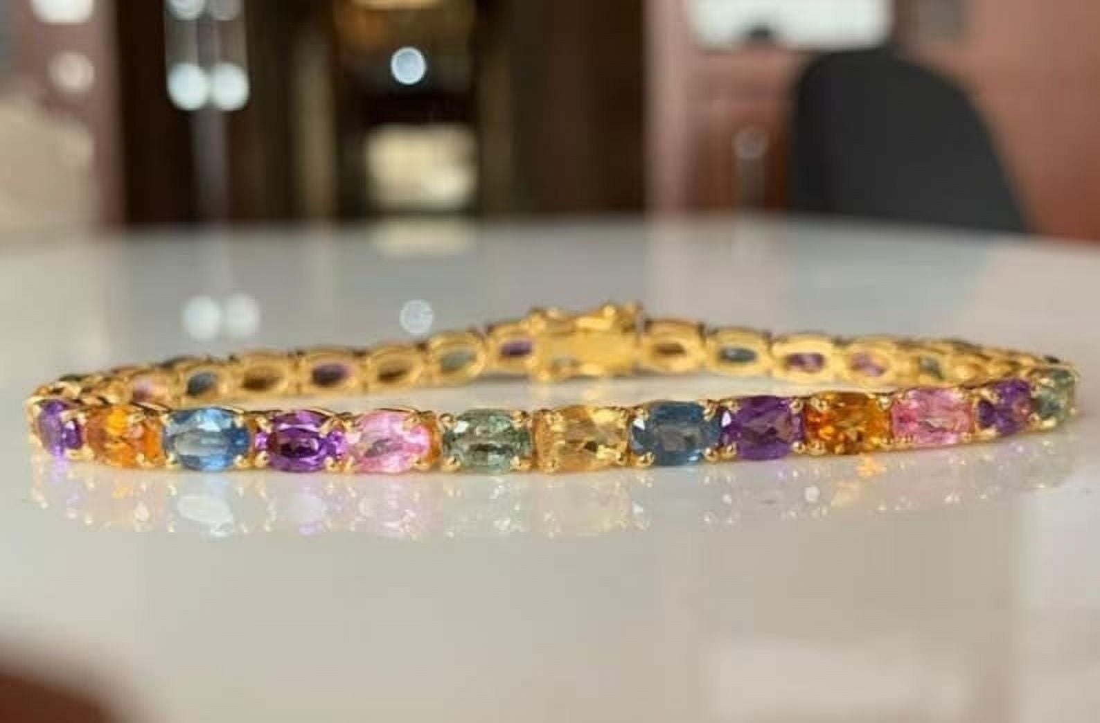 CZ Rainbow Sapphire & CZ Diamond Tennis Bracelet - Emerald Cuts - Multi ...