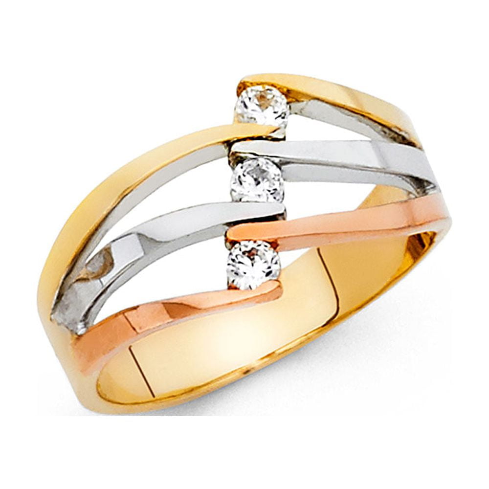 CZ Semanario Ring Solid 14k Yellow White Rose Gold Band Stackable Look ...