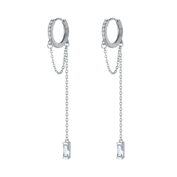 CZ Small Hoop Earrings Sterling Silver Crystal Threader Tassel Dangle ...