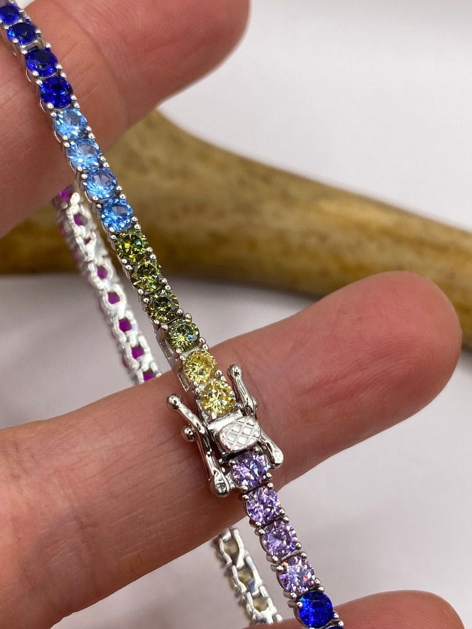 CZ Tennis Bracelet,CZ Crystal Rainbow Set in 925 Sterling Silver Bracelet,Elegant Everyday ...