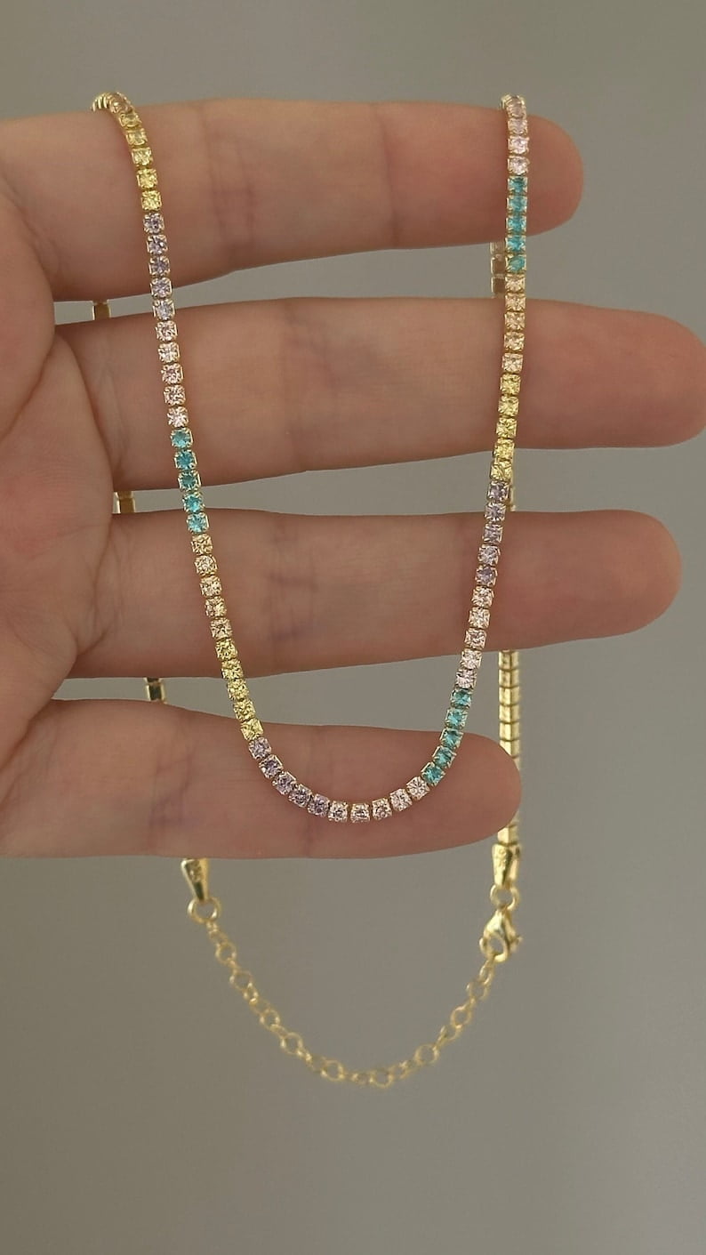 CZ Tennis Necklace Rainbow Colorful Chain Girl's Women's 14k Gold 2mm ...