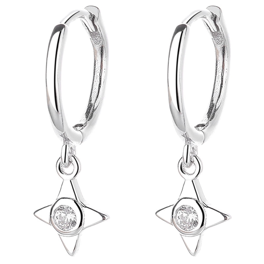 CZ Tiny Star Dangle Hoop Earrings Sterling Silver Crystal Drop Huggie ...