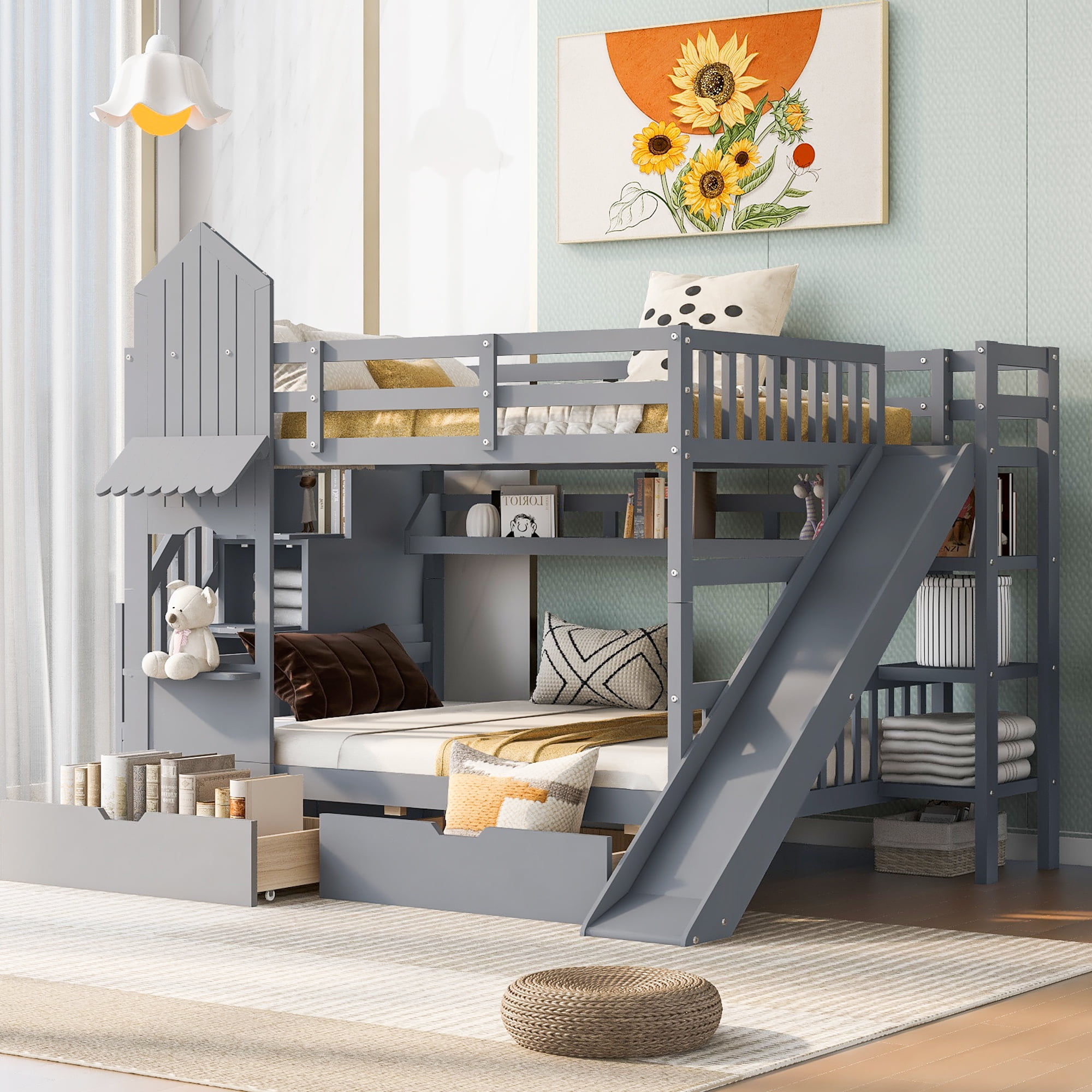 CZBZ Full Over Full Castle Bunk Bed with Slide, Wood Bunk Bed with 2 ...