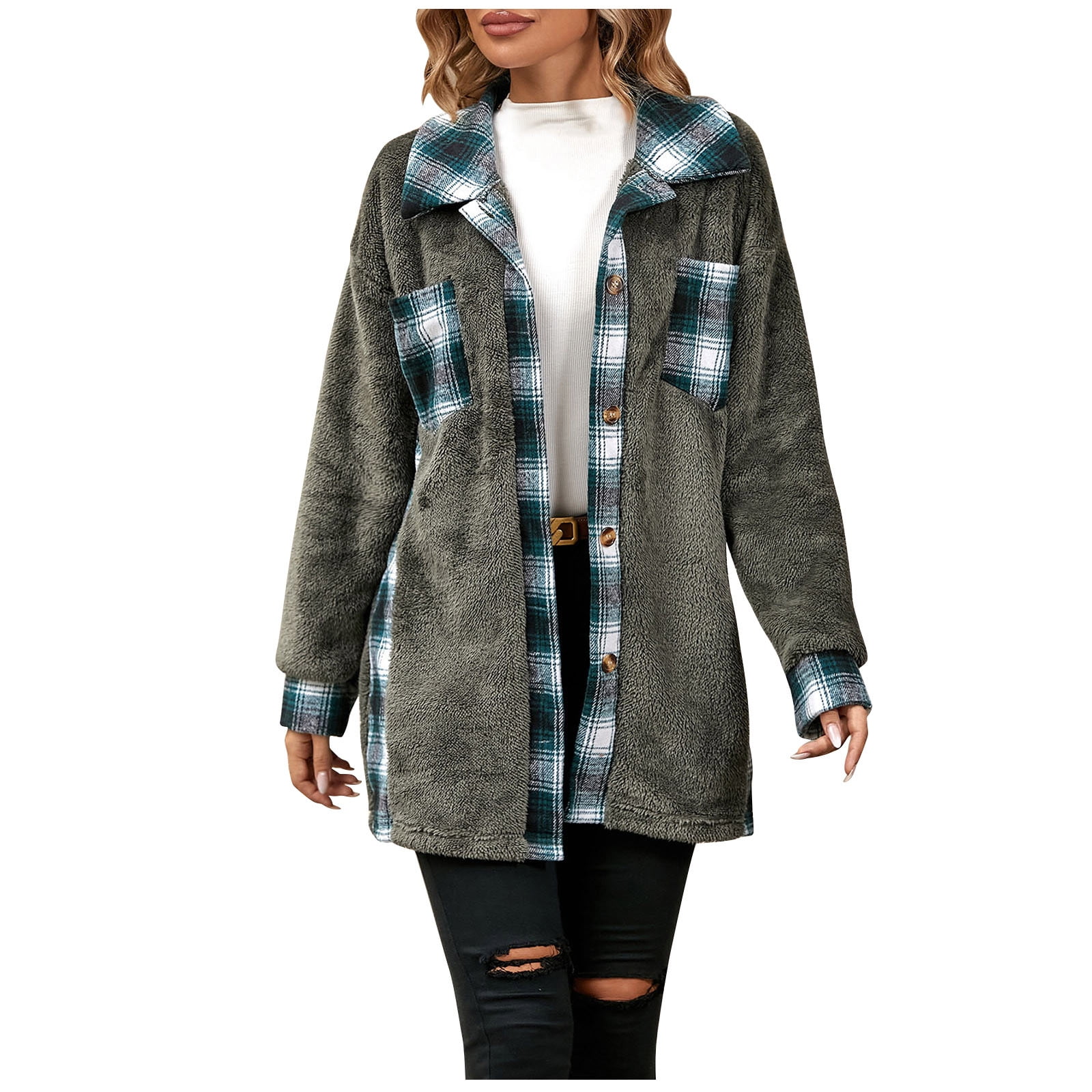 CZHJS Women's Plaid Shacket Notch Stand Collared Bust Length Coat ...