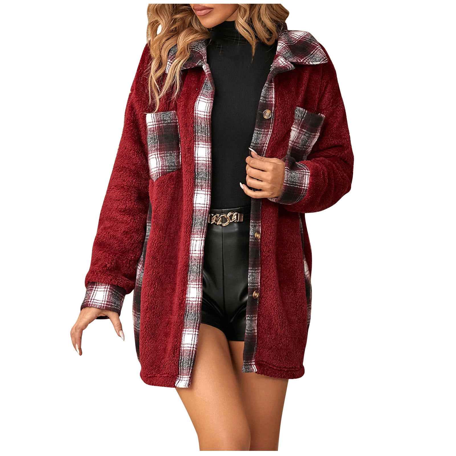 CZHJS Women's Plaid Shacket Notch Stand Collared Bust Length Coat ...