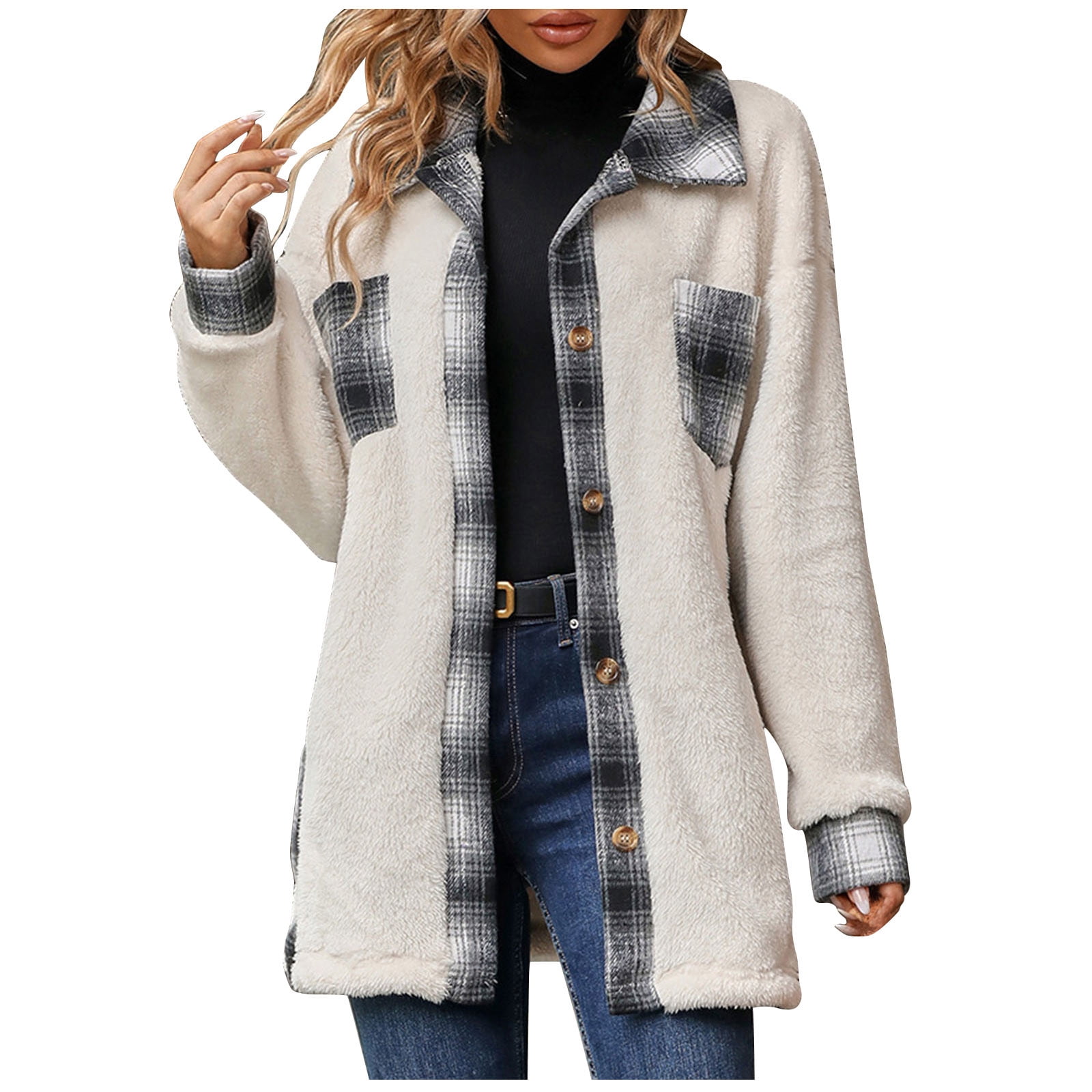 CZHJS Women's Plaid Shacket Notch Stand Collared Bust Length Coat ...