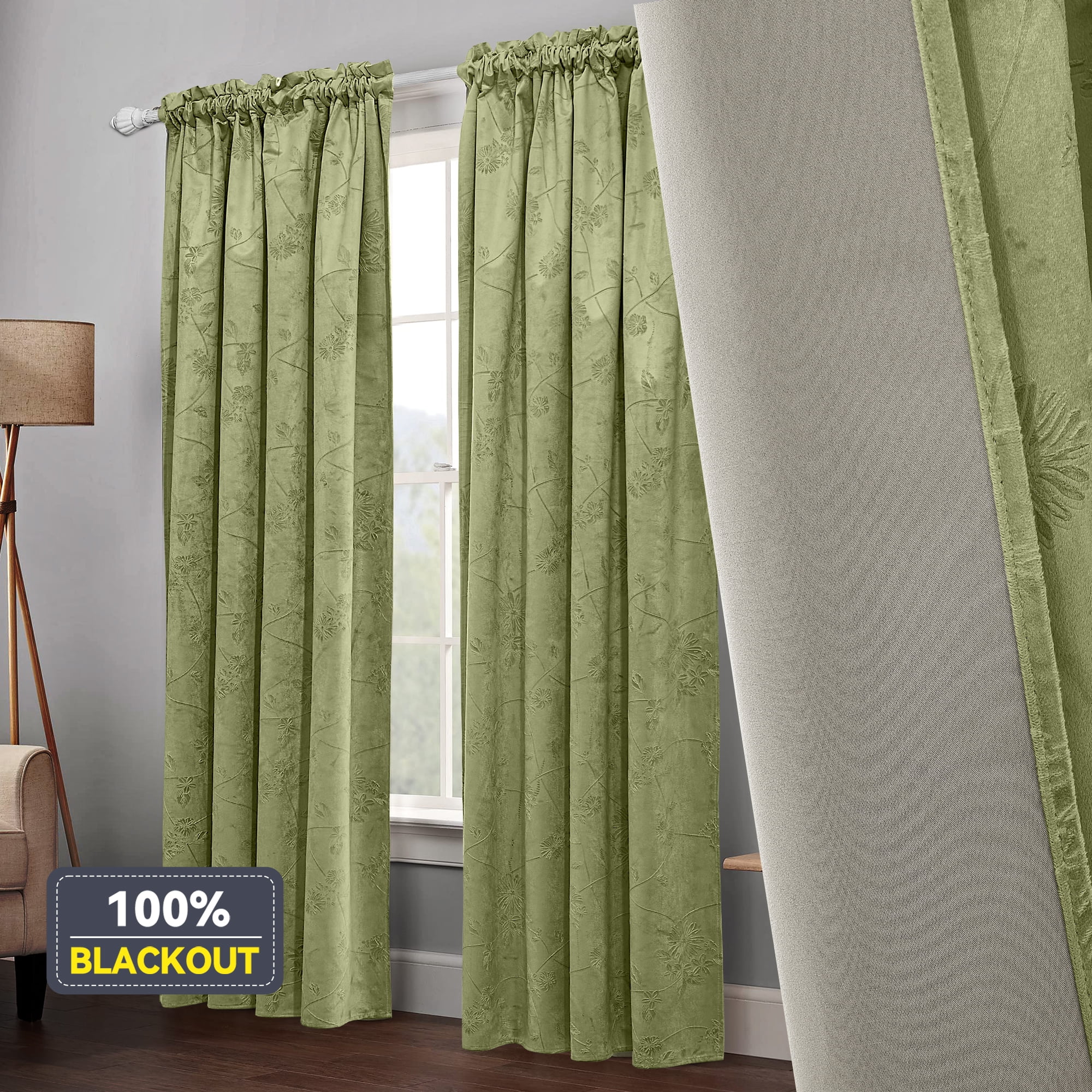 CZL 100% Blackout Curtains, Velvet Floral Embossed Heavy Curtain Rod ...
