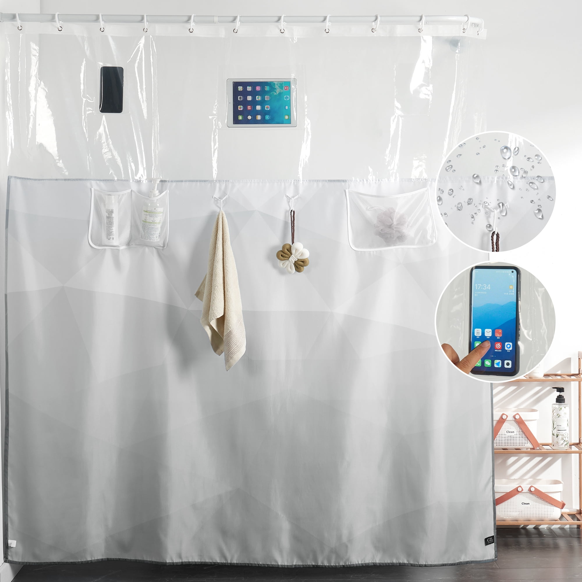 CZL Waterproof Shower Curtain Gray with 6 Pockets, Clear PEVA Fabric ...