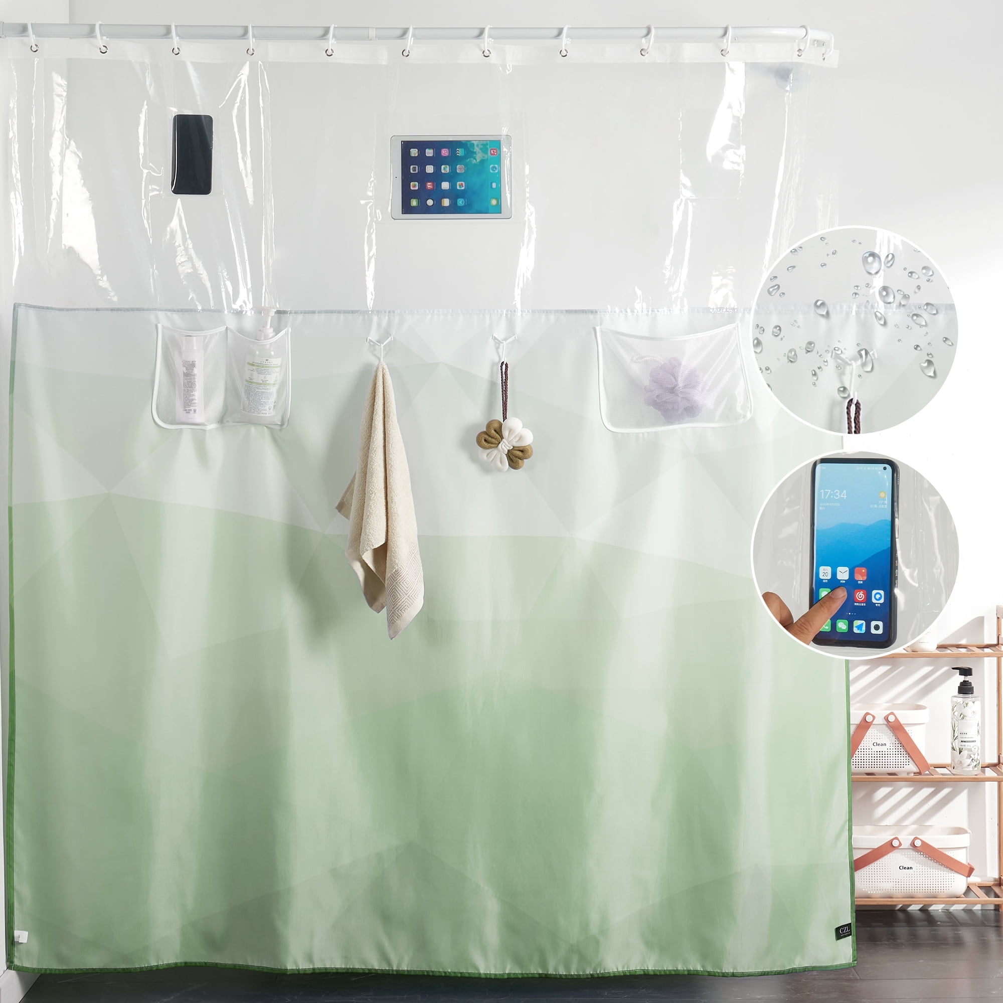 CZL Waterproof Shower Curtain Green with 6 Pockets, Clear PEVA Fabric ...
