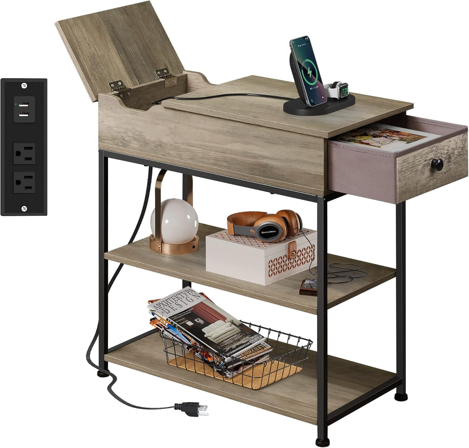 CZMDZH Narrow Side Table with 2 USB Ports and 2 Outlets, Flip Top End ...