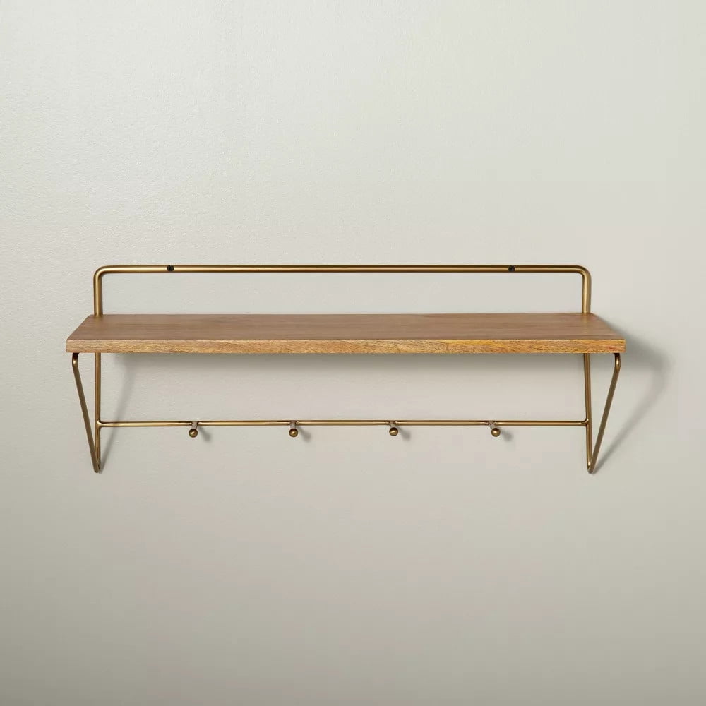 CZMJY 24" Wood & Brass Wall Shelf with Hooks Hearth & Hand, Blending ...
