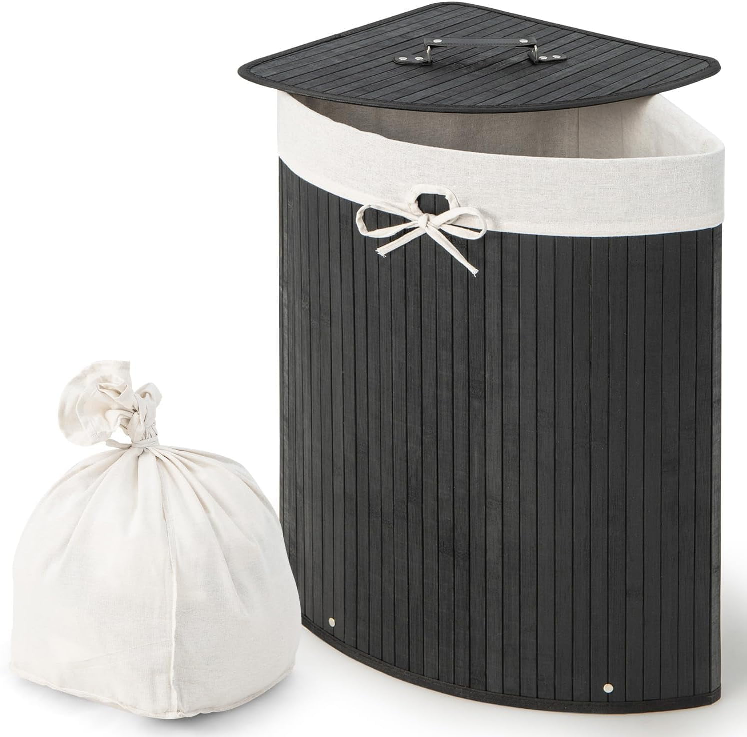 CZMJY Corner Laundry Hamper with Lid, 58 L Bamboo Laundry Basket with ...