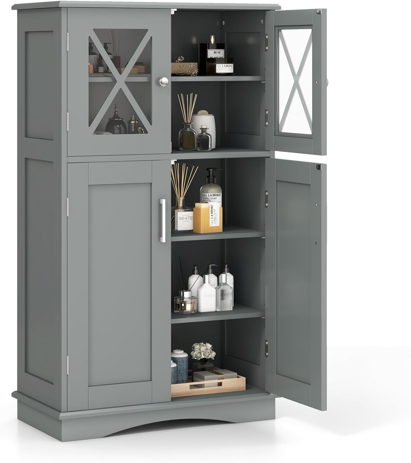 CZMJY Freestanding Floor Cabinet w/2 Glass Doors, 3-Level Adjustable ...