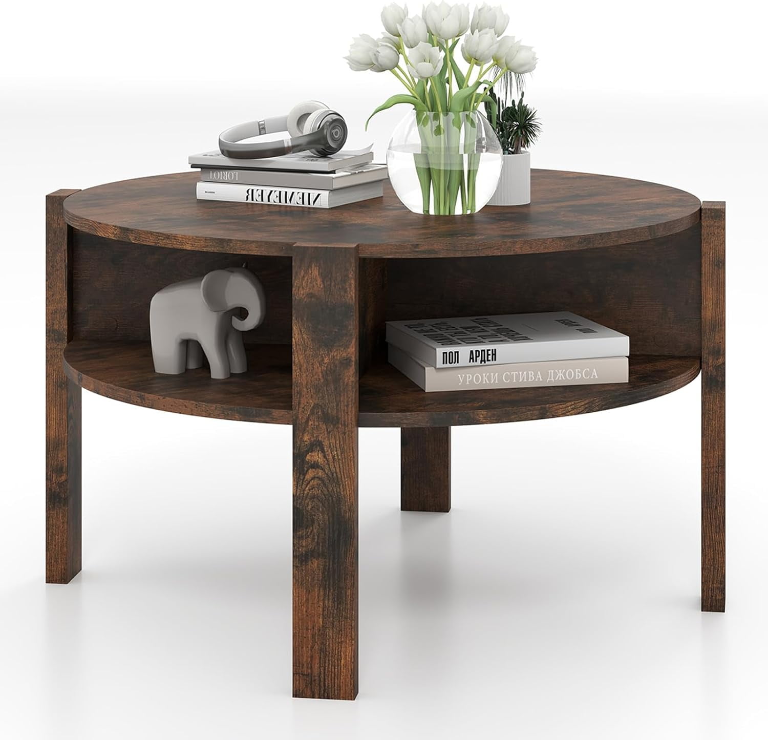 CZMJY Round Coffee Table, 2-Tier Mid Century Modern Tea Cocktail Table ...