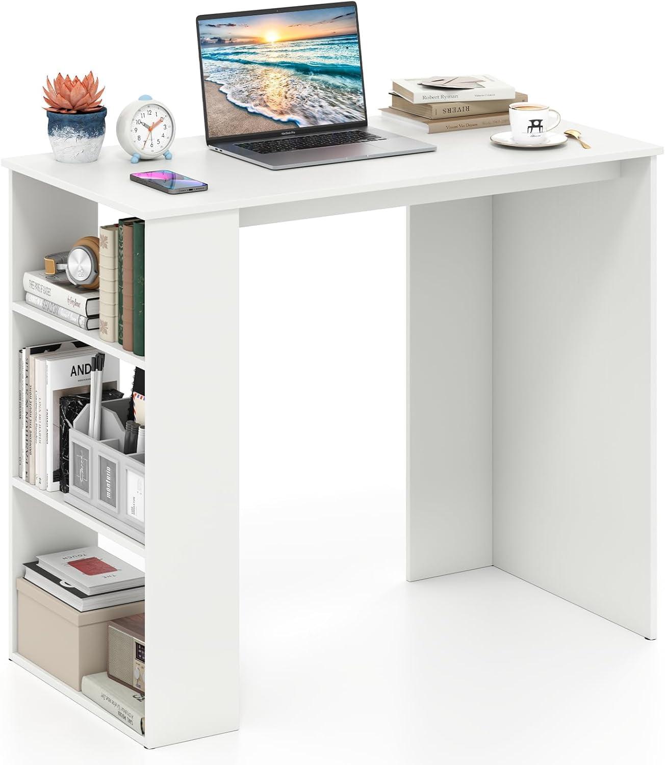 CZMJY Small White Desk with 3-Tier Bookshelf, Modern Simple Home Office ...