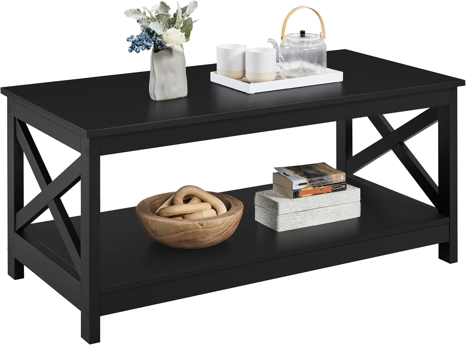 CZMJY Wood 2-Tier Black Coffee Table with Storage Shelf for Living Room ...
