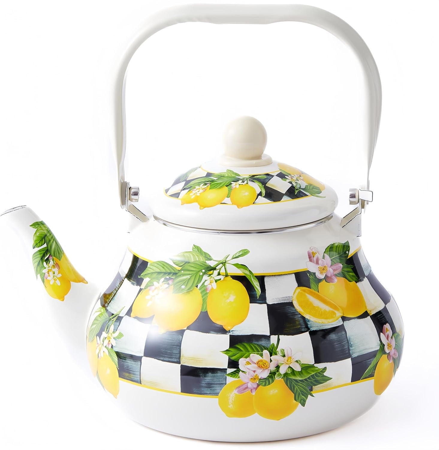 CZQ Checkered Tea Kettle with Lemon Pattern – 2 Quart Enamel Stovetop ...