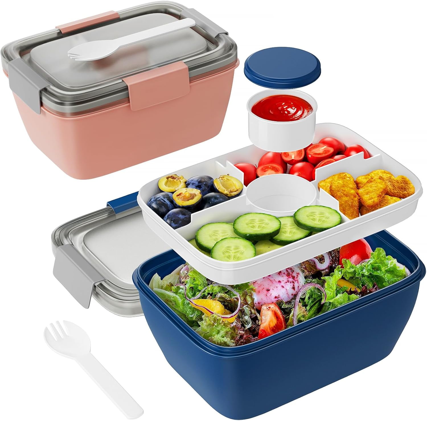 CZQ Large Salad Container for Lunch, 2 Packs 68oz Salad Bowls with 5 ...