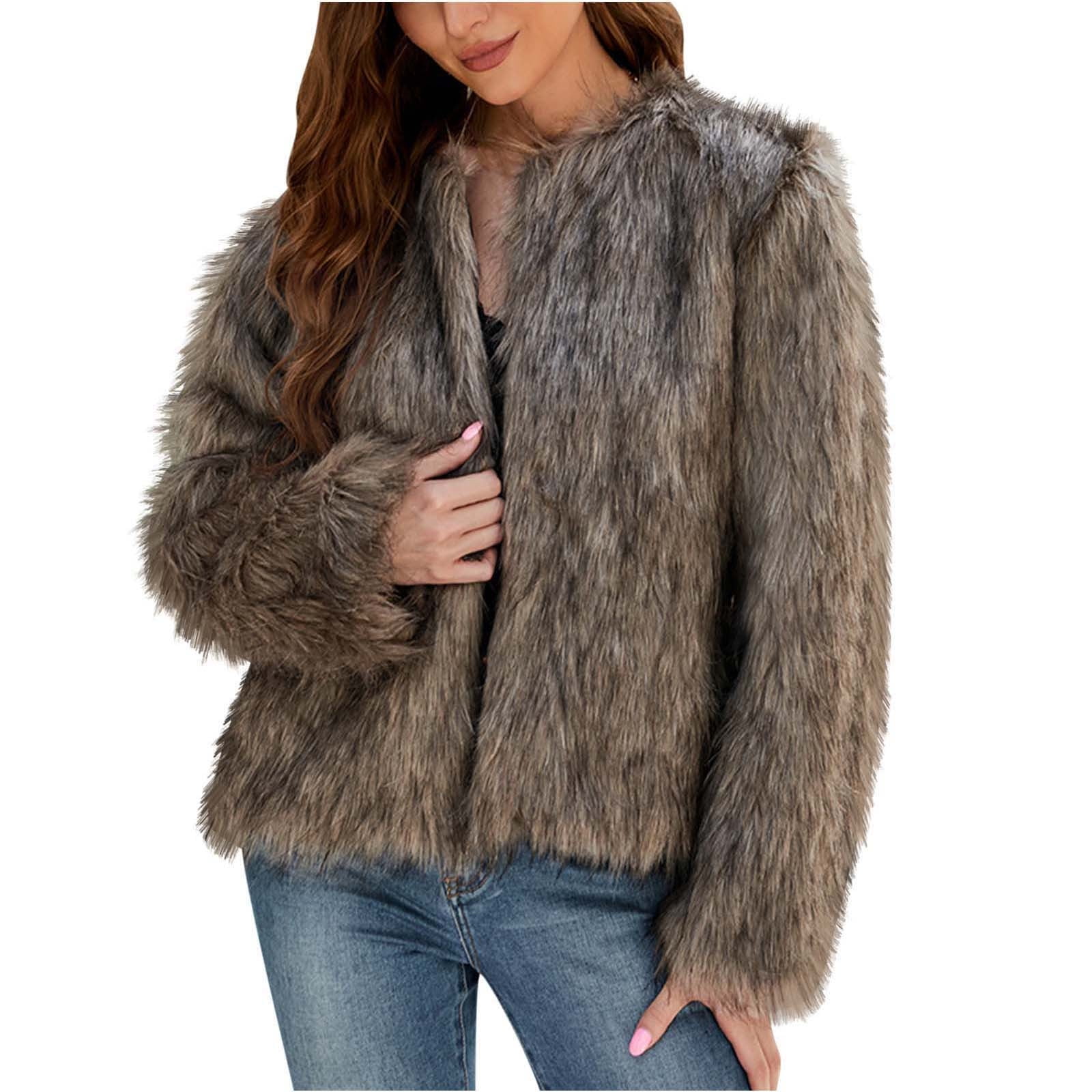 CaComMARK PI Faux Fur Jacket Women Long Sleeve Open Front Cropped Cardigan Warm Winter Shaggy ...