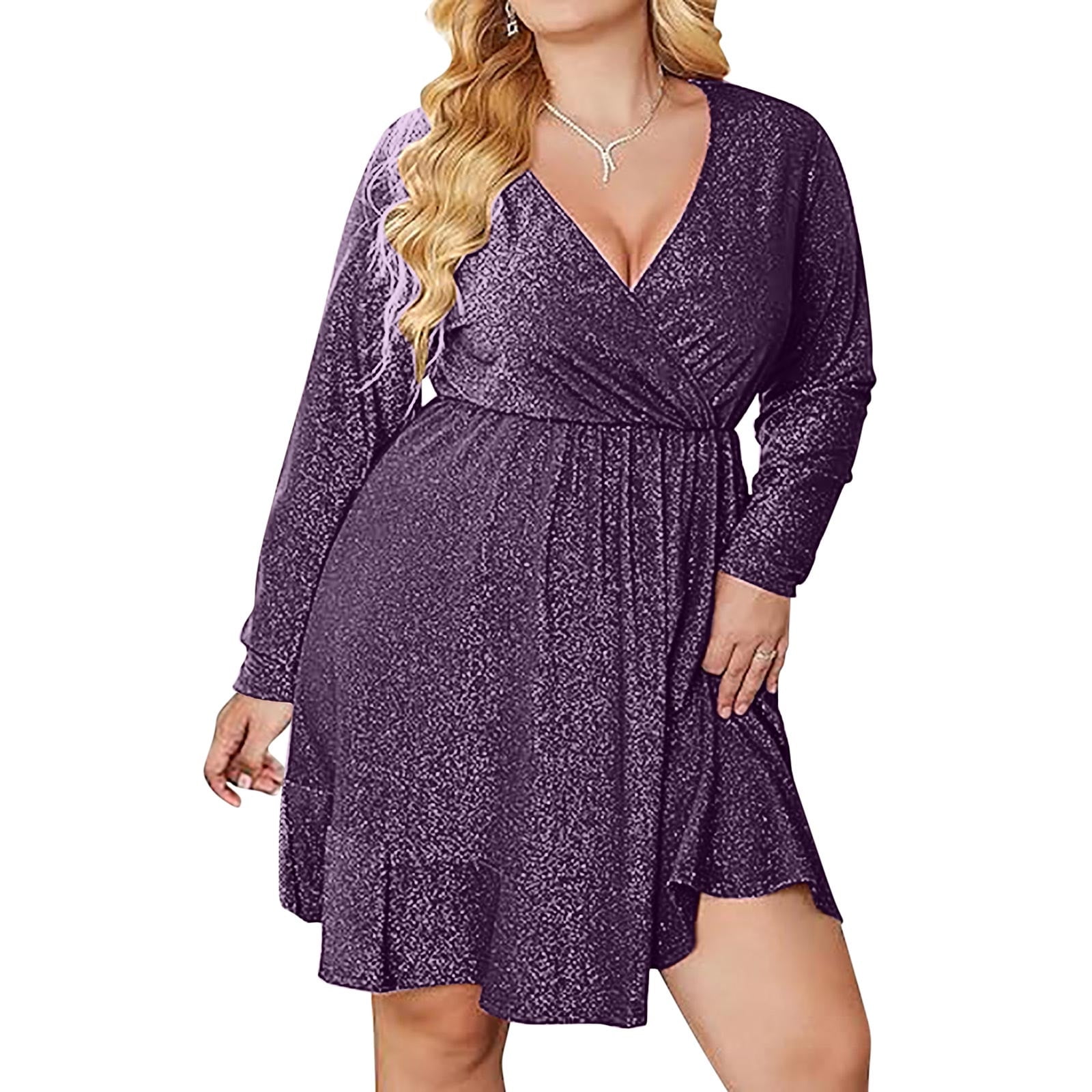 CaComMARK PI Plus Size Dress for Women Shiny Sexy V-Neck Long Sleeve ...