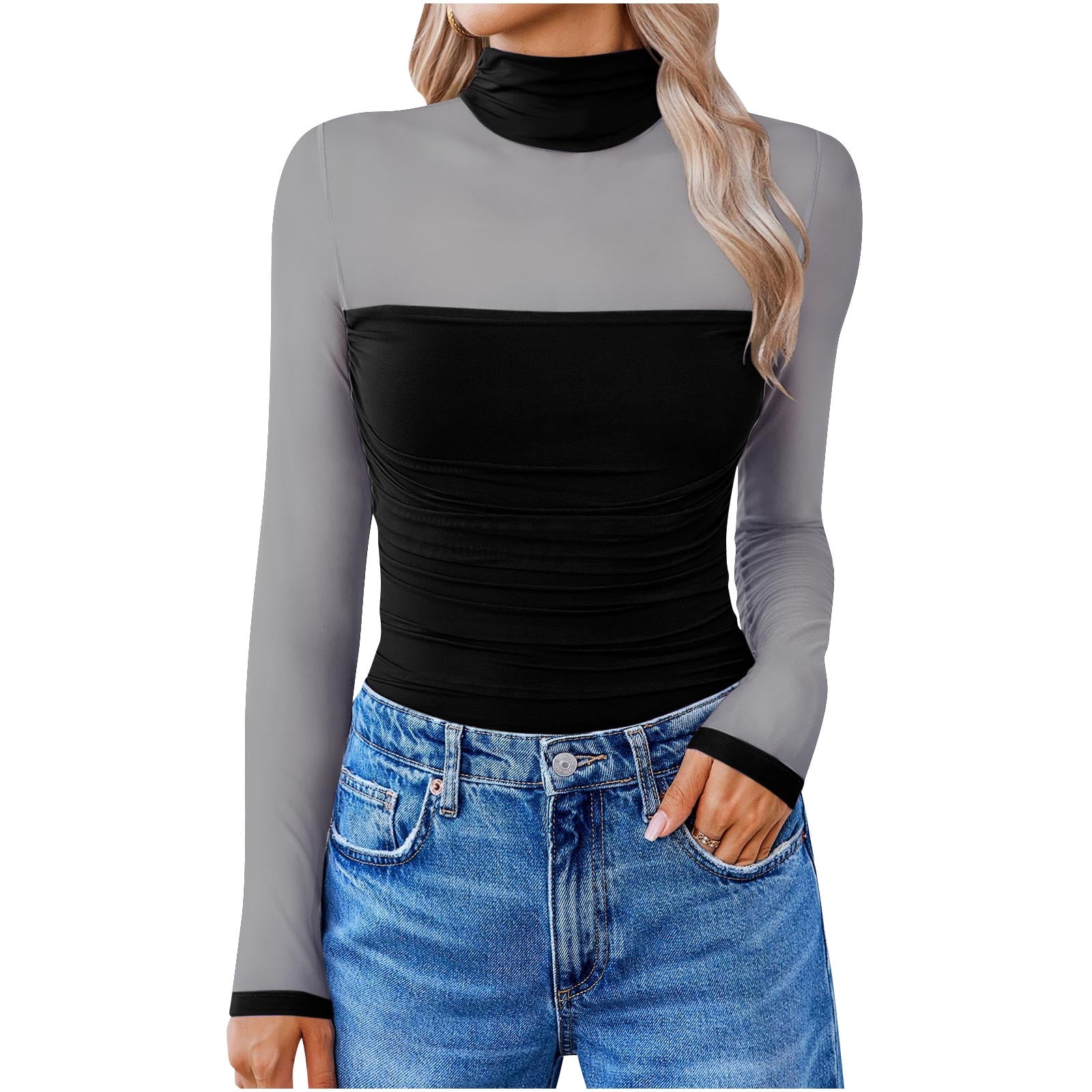 CaComMARK PI Women's Tops Sexy Mock Turtle Neck Long Sleeve Tops Sheer ...