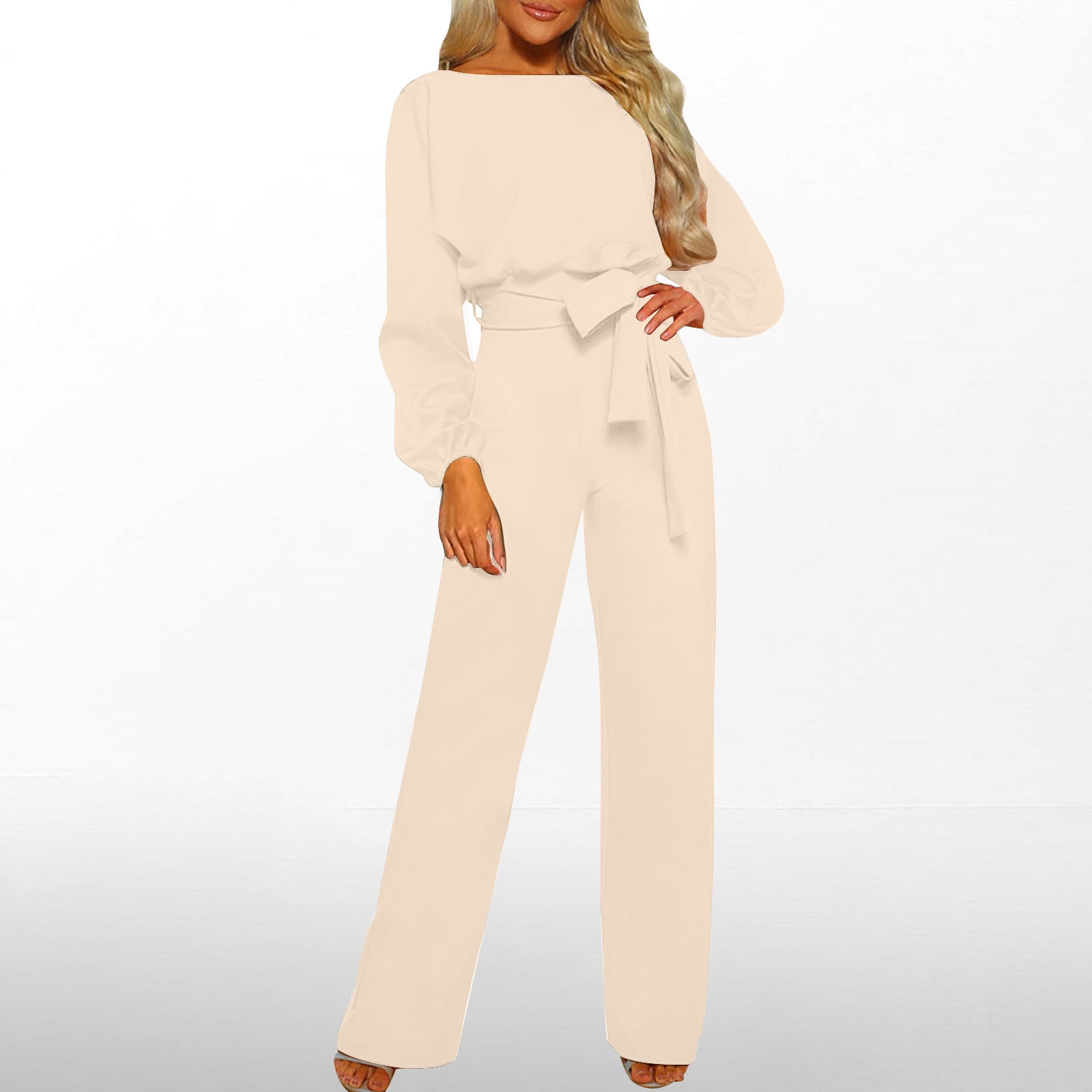 CaComMARK PI Clearance Womens Jumpsuit Loose Long Sleeve Belted Wide ...