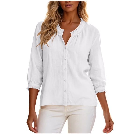 CaComMARK PI Cotton Linen Shirts for Women 3/4 Sleeve Blouse Cute ...