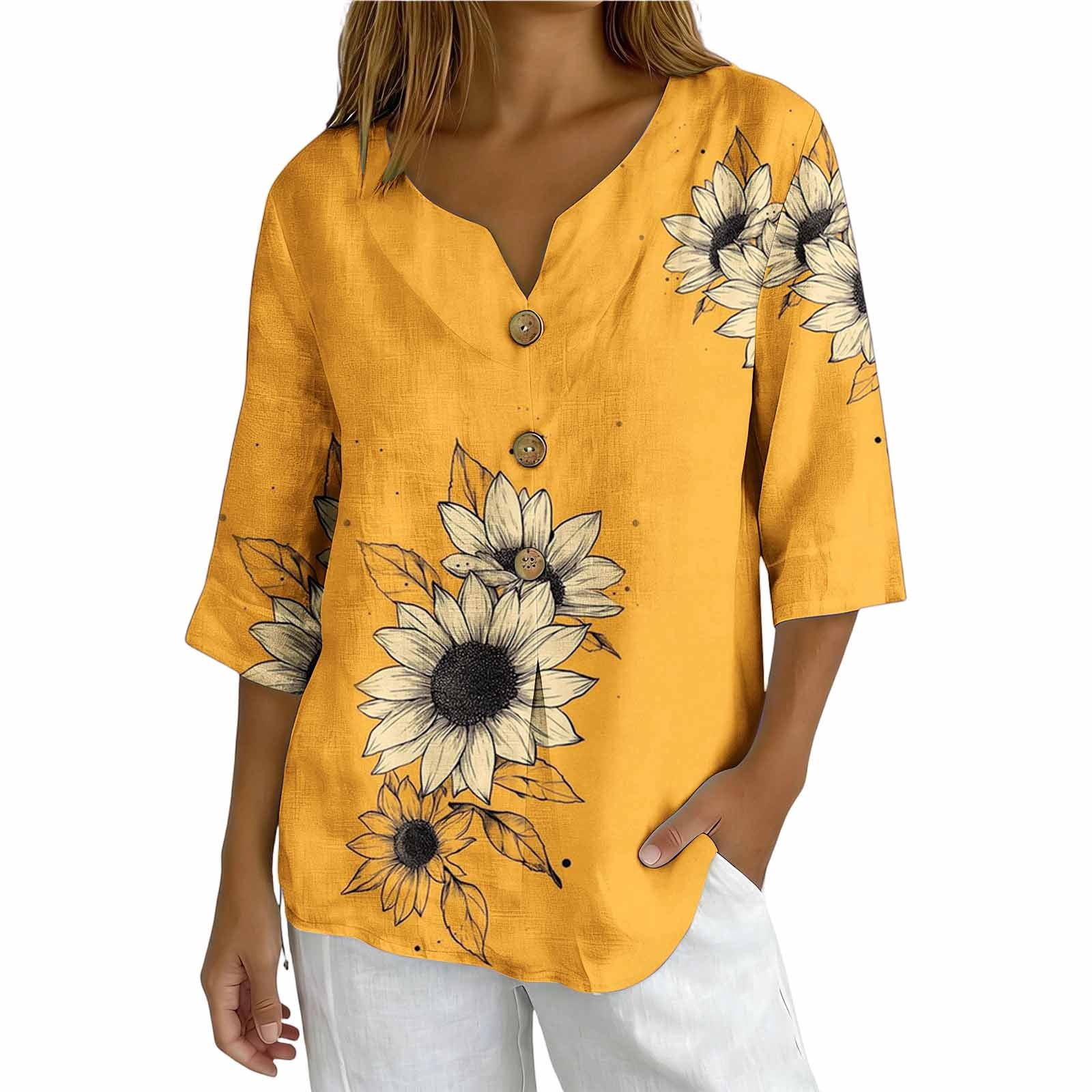 CaComMARK PI Linen Tops for Women 3/4 Sleeve V Neck Button up Tunic ...